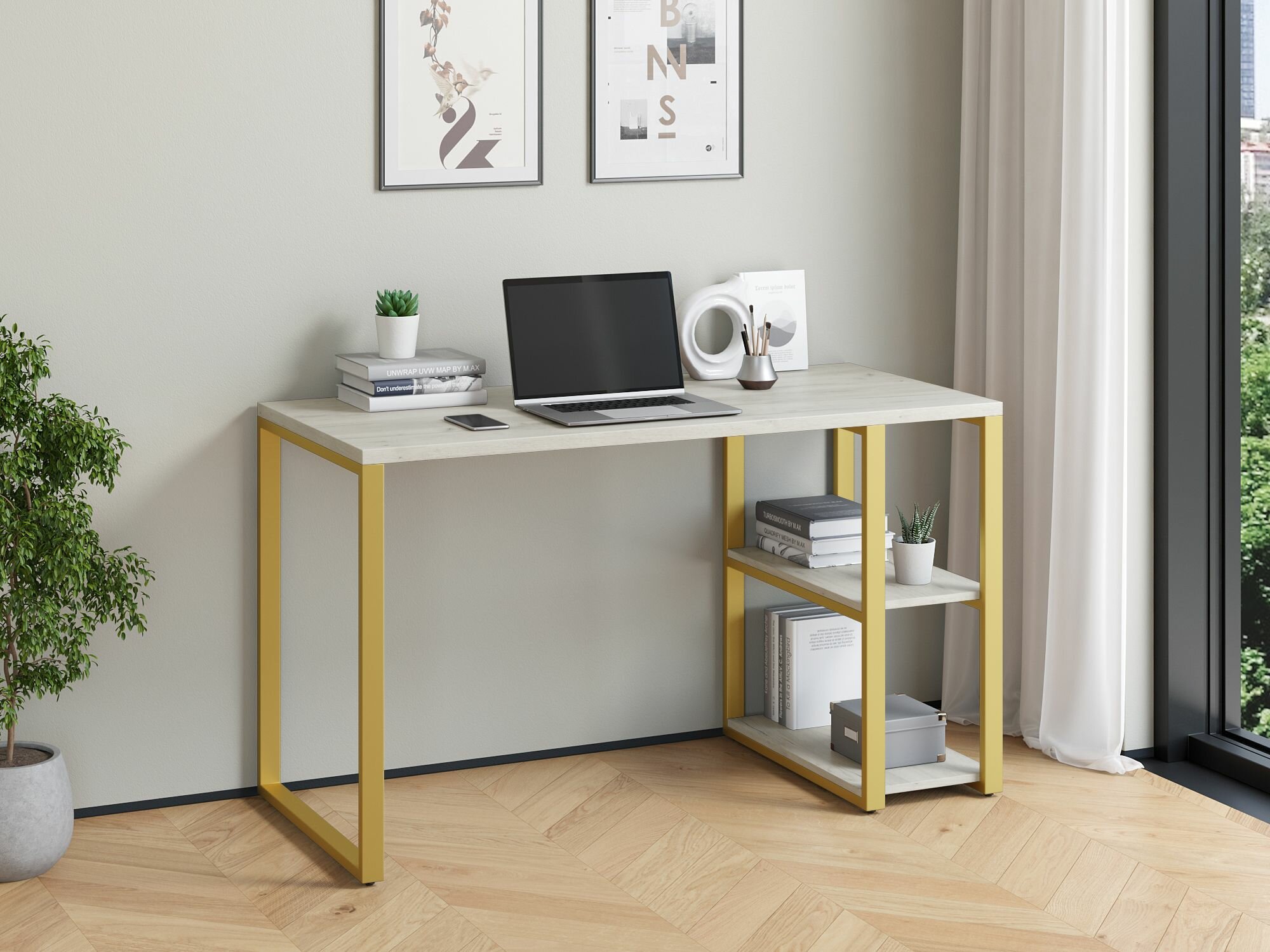 Стол учебный Айсберг Лофт 01 Золотой с полками Дуб крафт белый