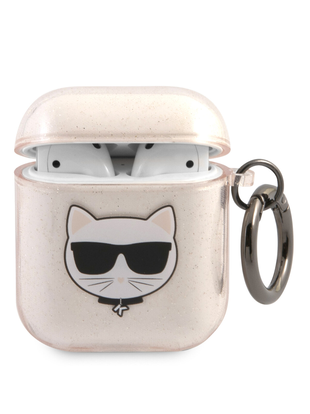 Lagerfeld для Airpods 1/2 чехол TPU Glitters with ring Choupette Transp Gold