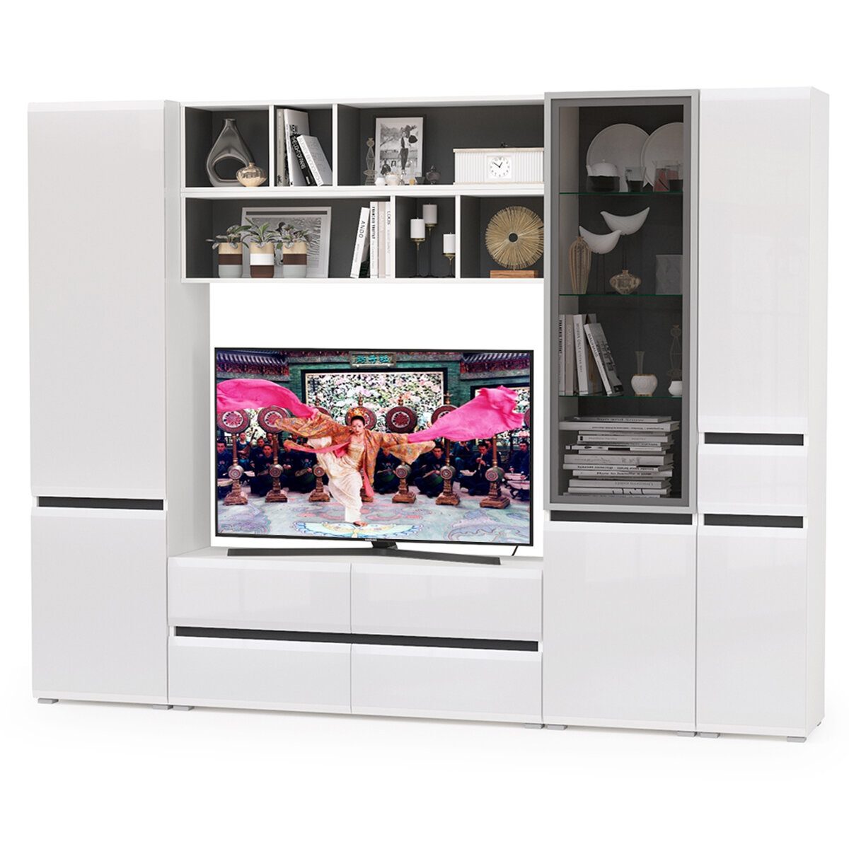 Стенка в гостиную Mobi Сидней № 31 в современном стиле, фасады МДФ, цвет белый/чёрный/белый глянец