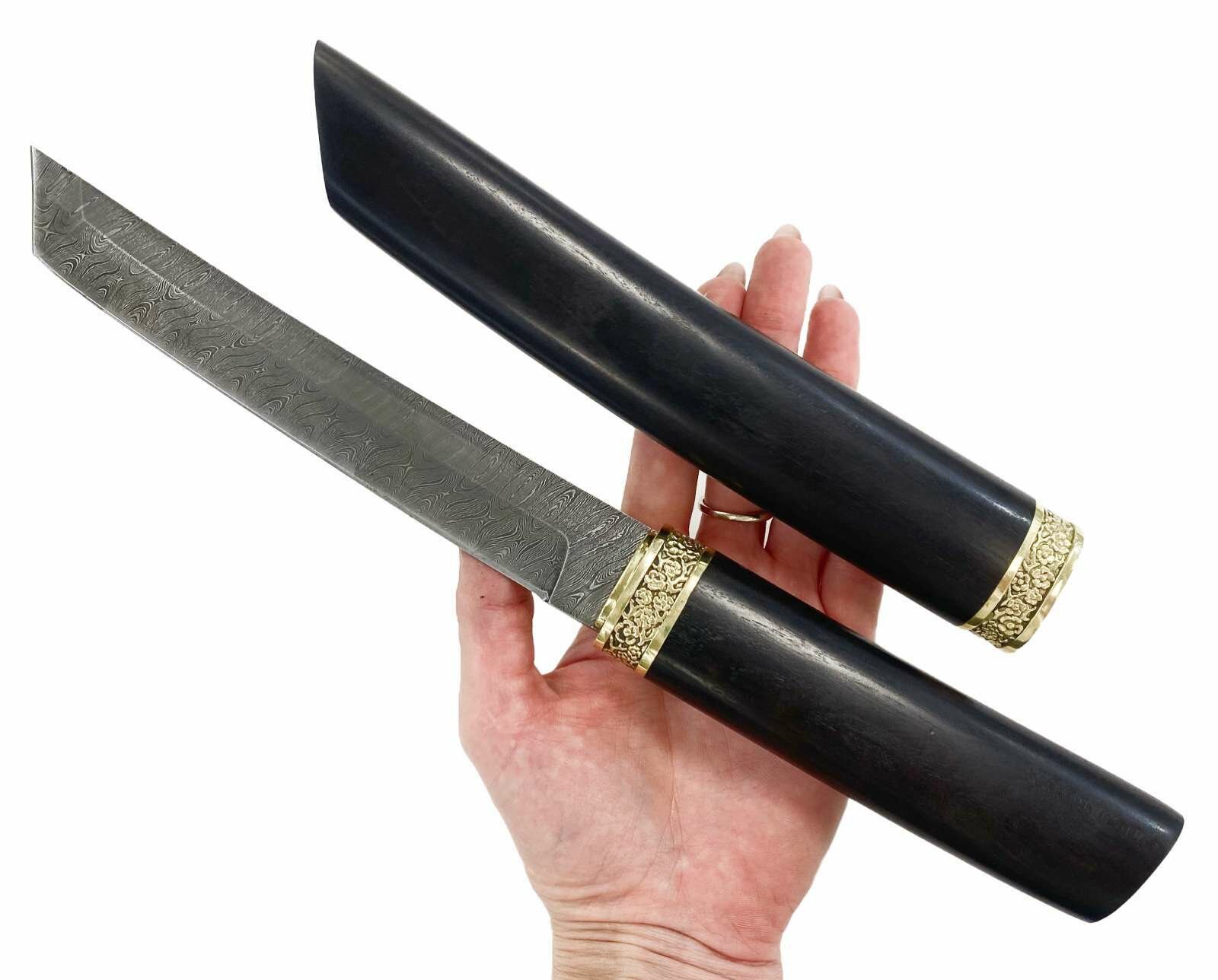 Нож Танто в деревянных ножнах, дамасская сталь, граб, литье латунь