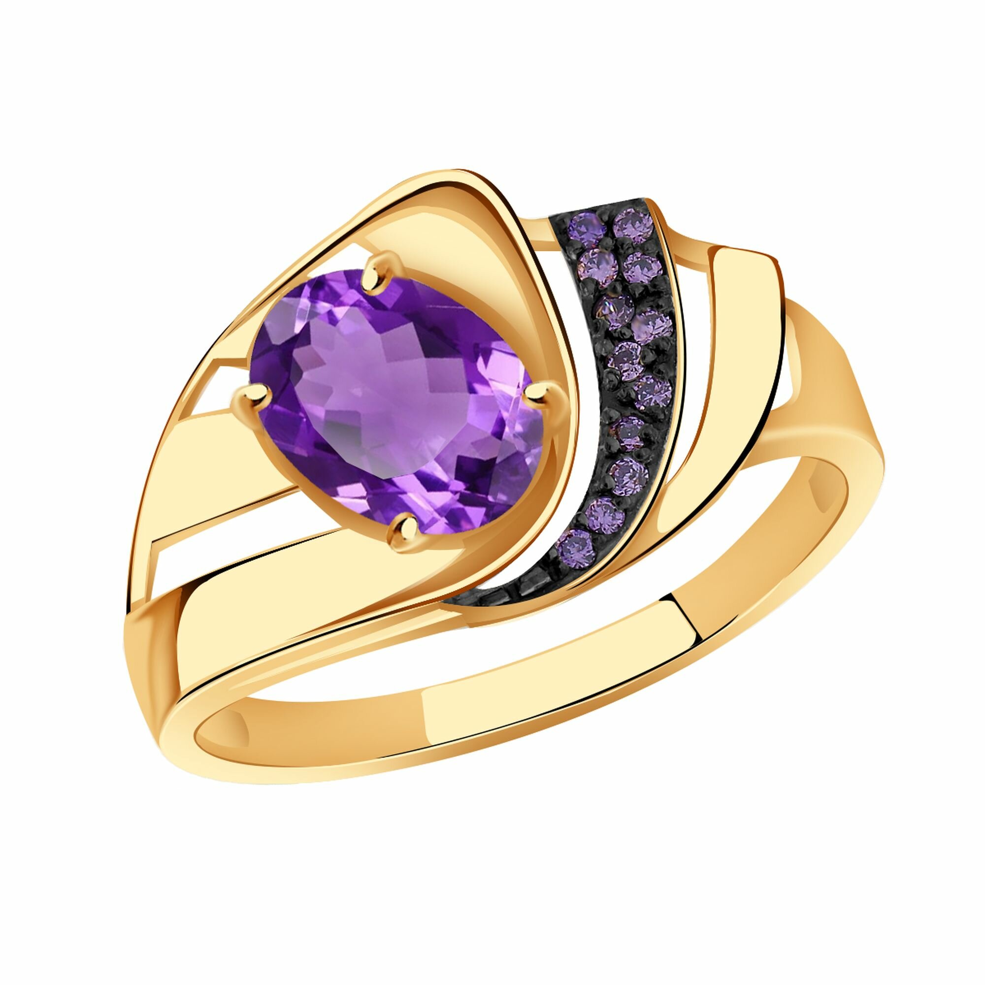 Кольцо, красное золото, 585 проба, аметист, фианит