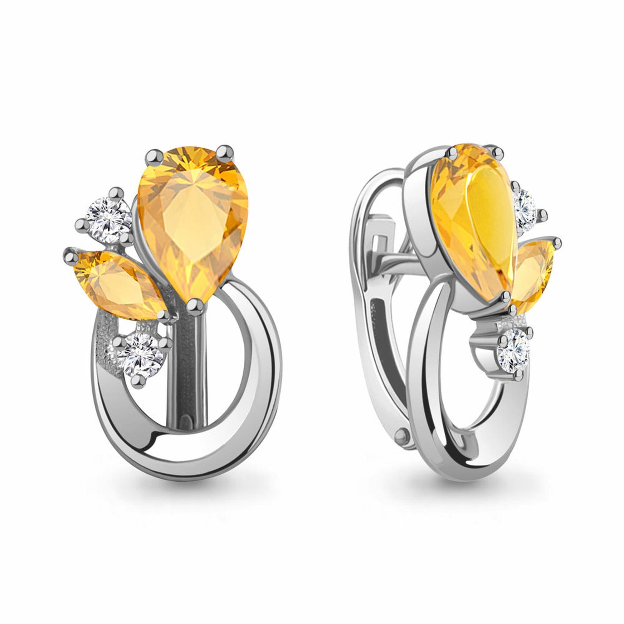 Серьги, серебро, 925 проба, родирование, цитрин, фианит