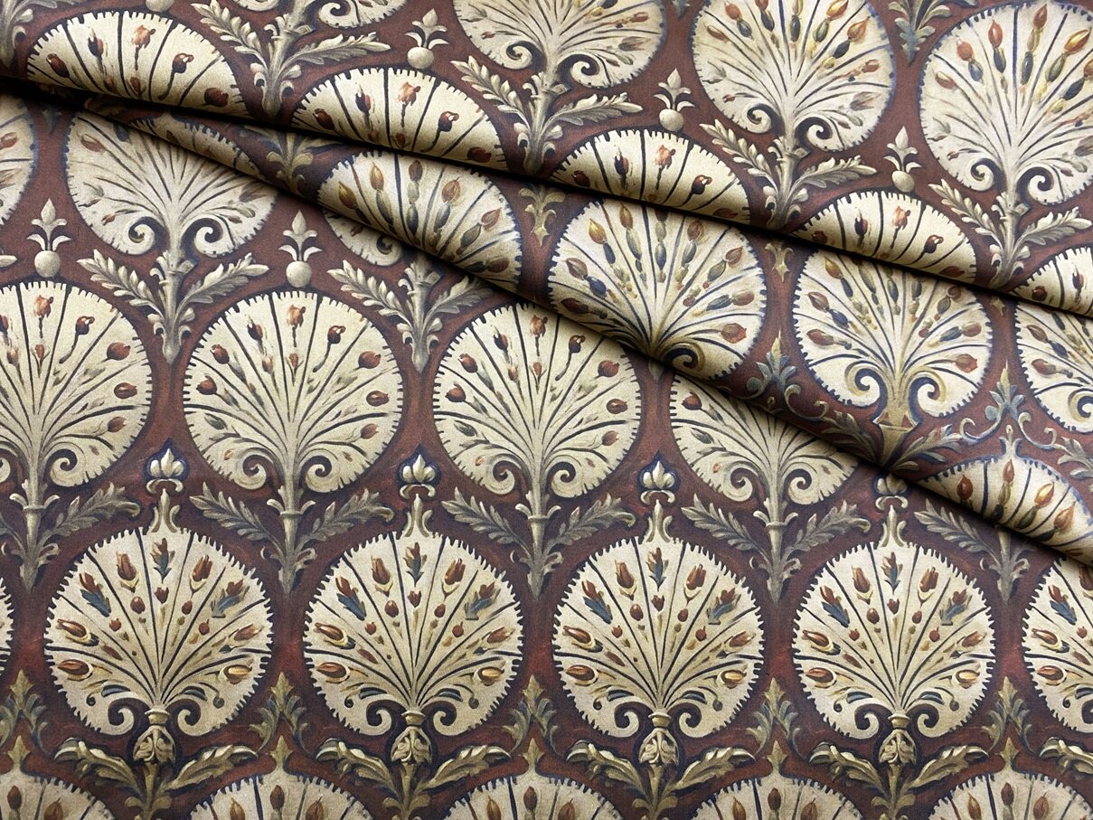 Ткань Хлопок бордового цвета с принтом бежевые круги с узором 14107