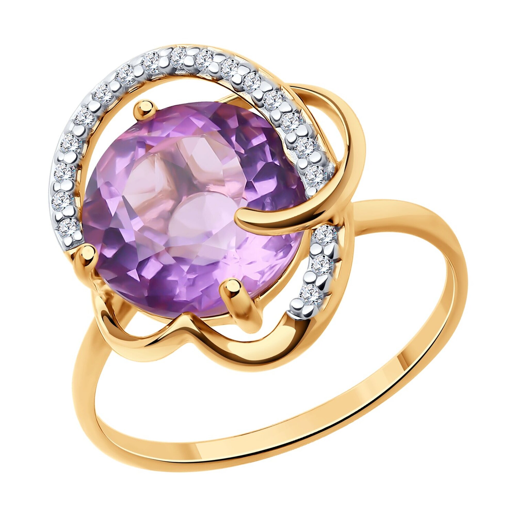 Кольцо, серебро, 925 проба, золочение, фианит, аметист