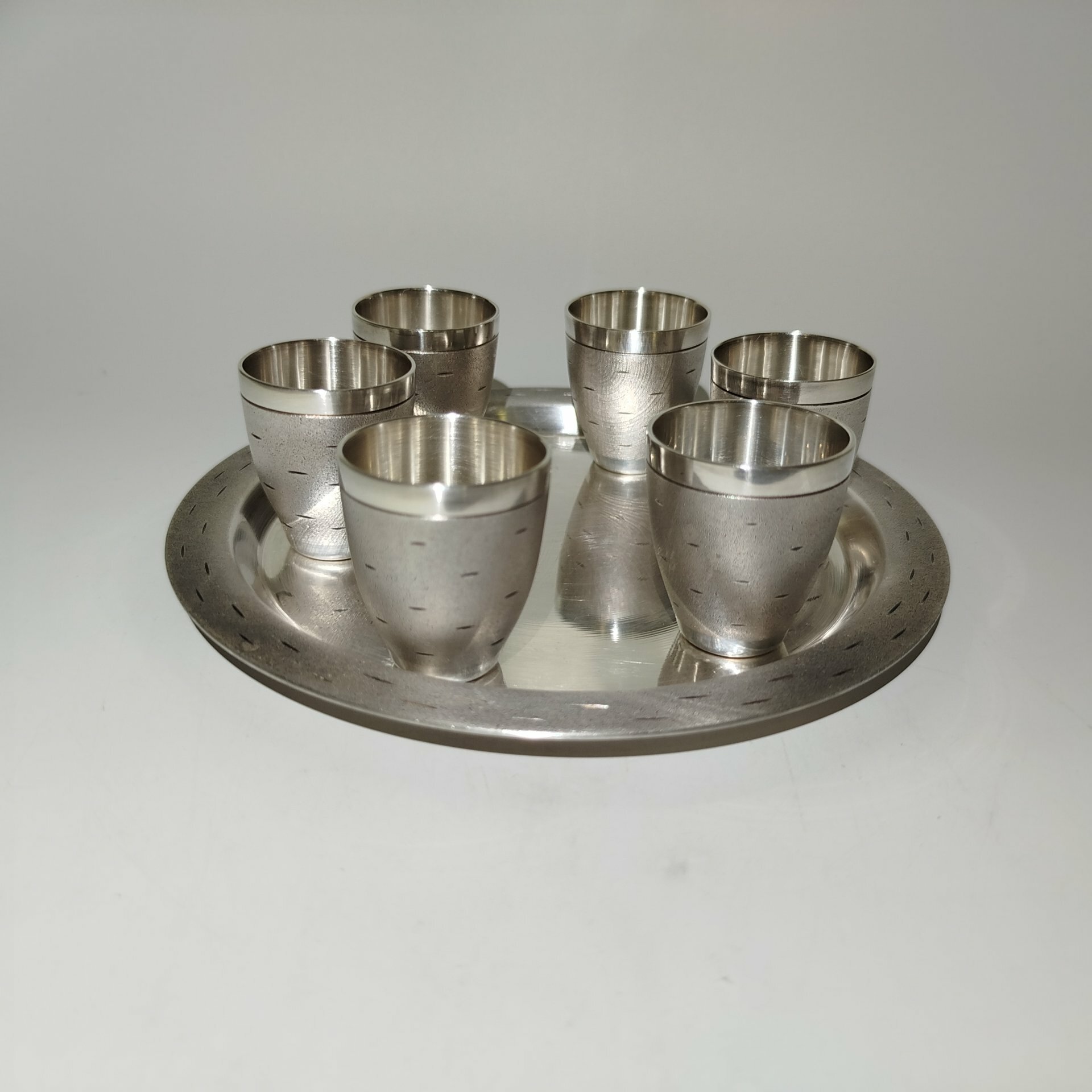 Набор для крепких напитков из 6 стопок и подноса "Березка", мельхиор (медь-никель)