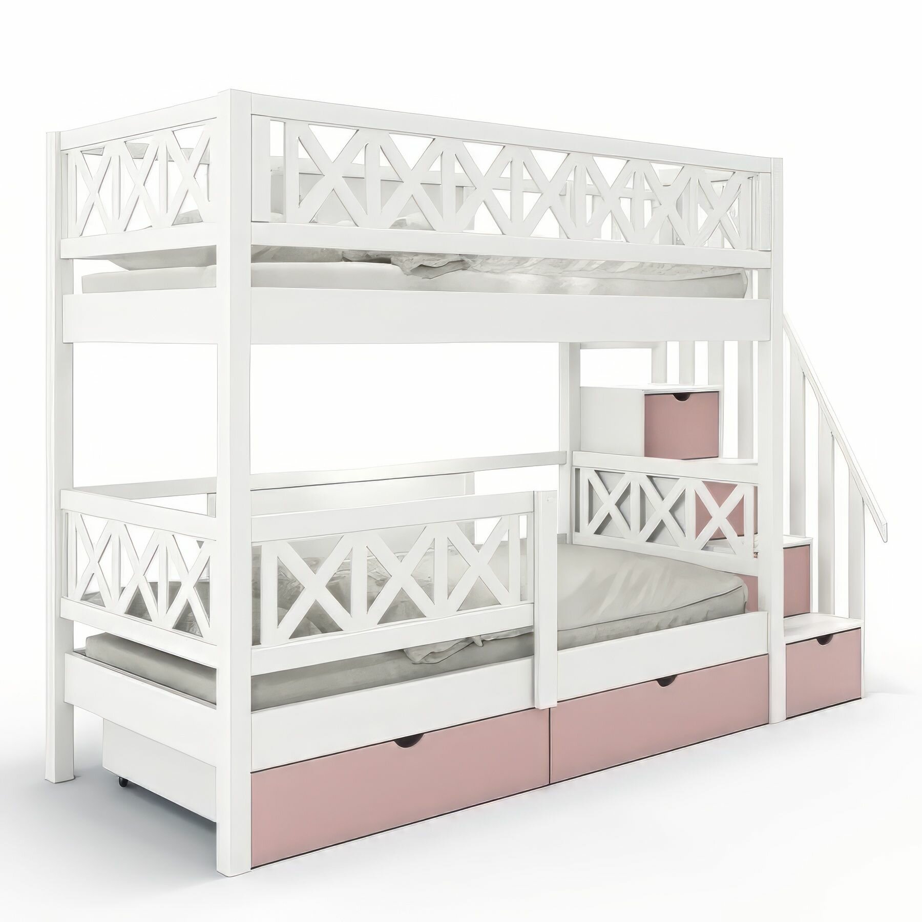 Meblevka Детская кровать двухъярусная Прованс 3 / Двухъярусная кровать для детей Прованс 3, 264х97х196, белый фасады розовый