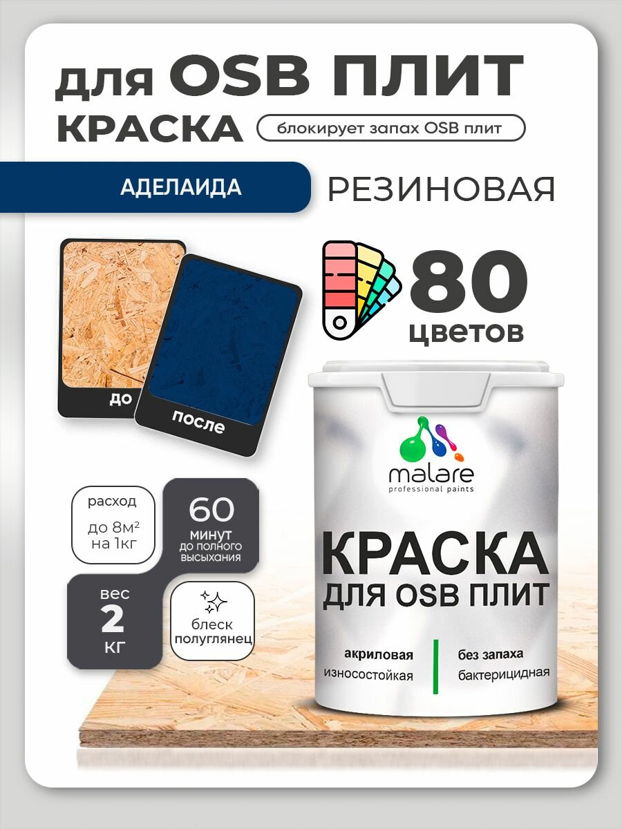 Резиновая краска для ОСБ плит Malare акриловая краска для дерева для наружных и внутренних работ, быстросохнущая без запаха полуглянцевая, аделаида, 2 кг