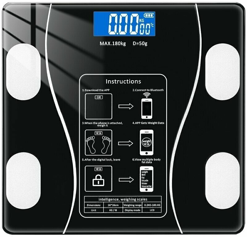 Напольные весы, с диагностикой, синхронизация с телефоном, Bluetooth, стекло, черные