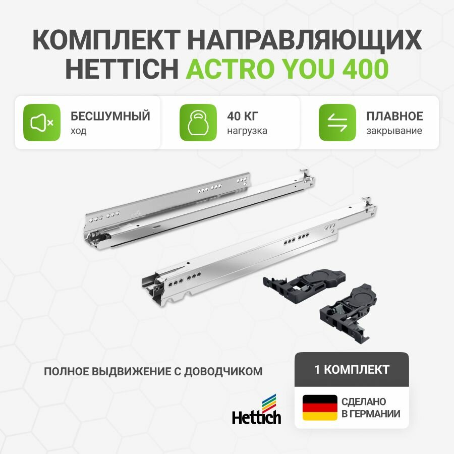 Направляющие для ящиков HETTICH Actro YOU с доводчиком Silent System NL400 мм, полного выдвижения, 1 комплект