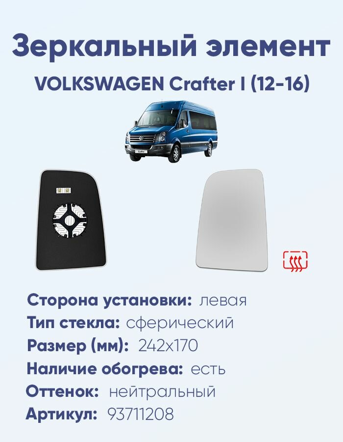 Зеркальный элемент левый VOLKSWAGEN Crafter I (12-16) сфера нейтральный с обогревом