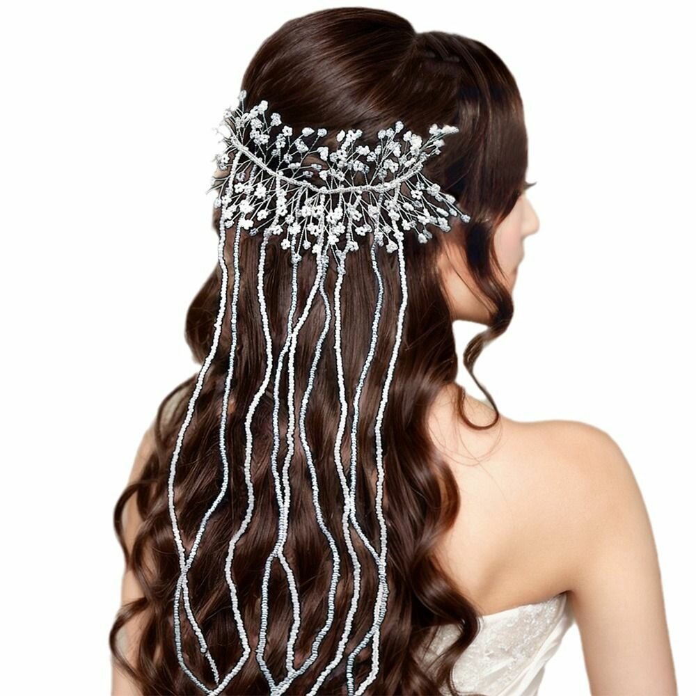 Свадебный головной убор с жемчужными нитями, аксессуар для волос в богемном стиле с длинной цепочкой для волос