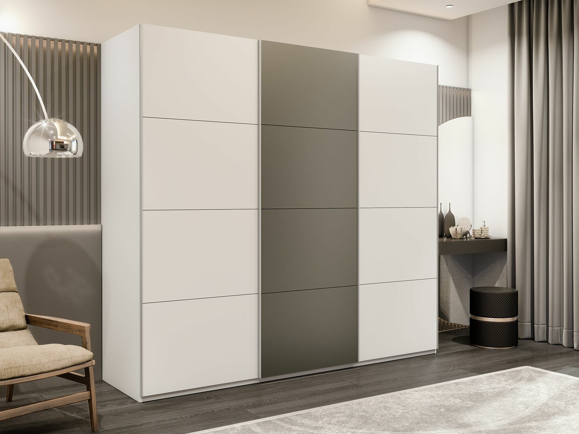 Шкаф-купе Эста 3-х дверный ДСП/Стекла хаки/Доводчик 300х66х240, Е1, Белый