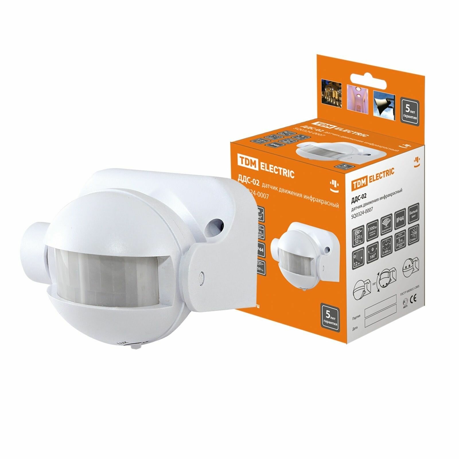 Датчик движения TDM ДДС-02 1100Вт,5-480с,12м,180гр. IP44 0324-0007