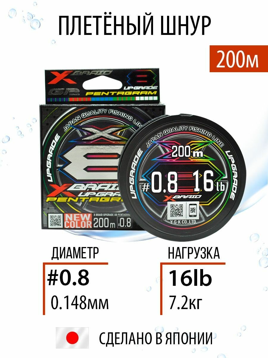 Плетёный шнур для рыбалки YGK X-Braid Upgrade X8 Pentagram #0.8/16lb 200m плетёнка рыболовная, леска для спиннинга.