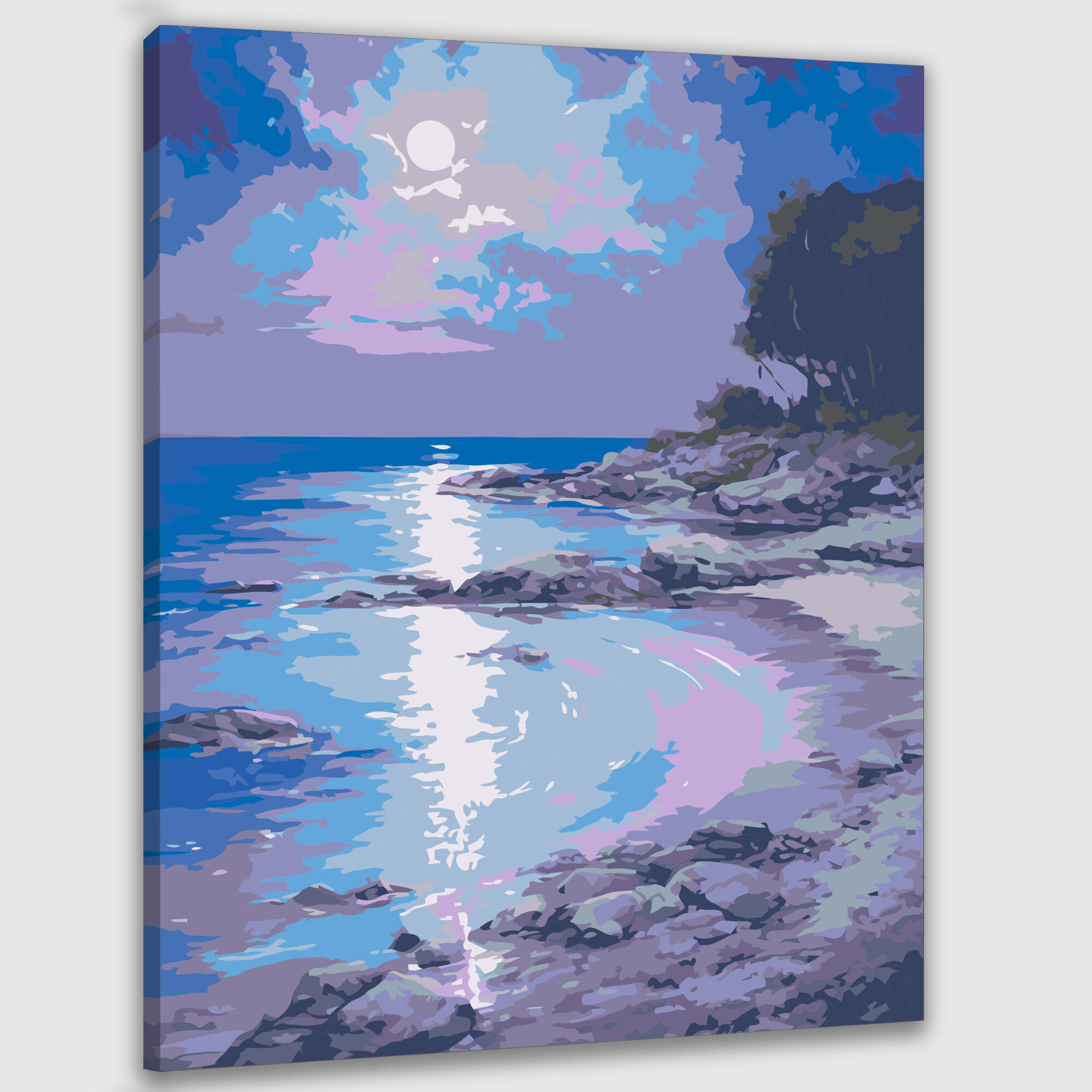 Картина по номерам 40x50 см, картина, масло, летняя ночь, берег моря, синие и пурпурные тона, луна, ночное небо, тишина
