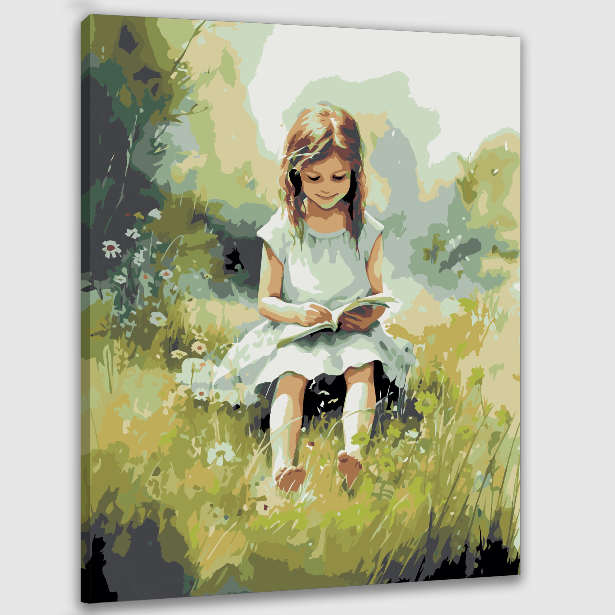 Картина по номерам 40x50 см, акварель, картина, девочка, косички, сидящая, скрестив ноги, солнечный луг, поле