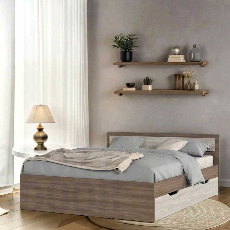 Кровать гармония КР 604 с ящиками, ЛДСП, шимо темный/шимо светлый, 160х200 см