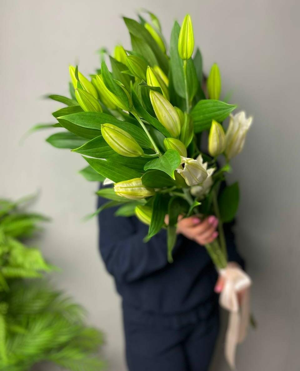 Букет белых лилии 7 шт, оформление под ленту, высота букета цветов 60см /нежный букет в подарок