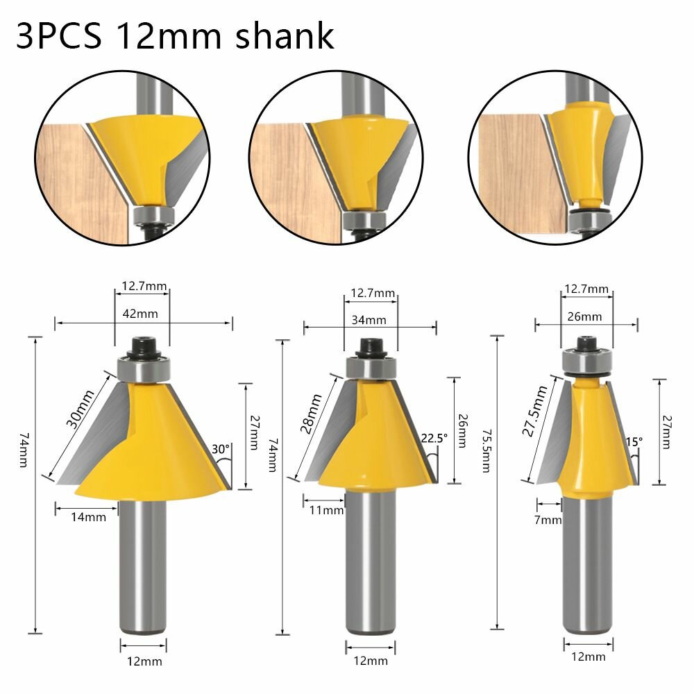 Коническая Фреза по дереву со скосом 15-22.5-30-угловыми скосами набор/3 шт. 12мм