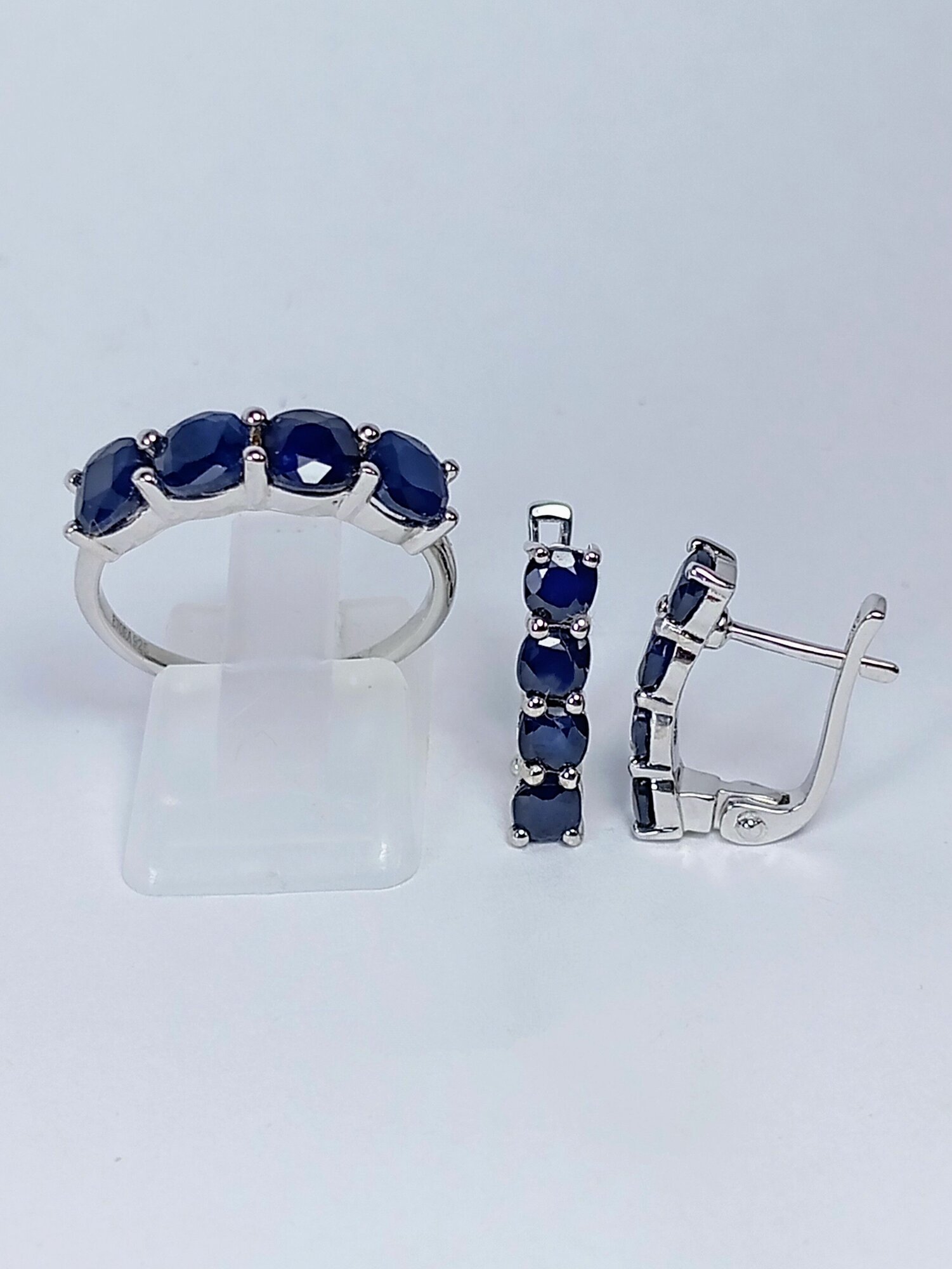 Ювелирный комплект, серебро, 925 проба, родирование, сапфир