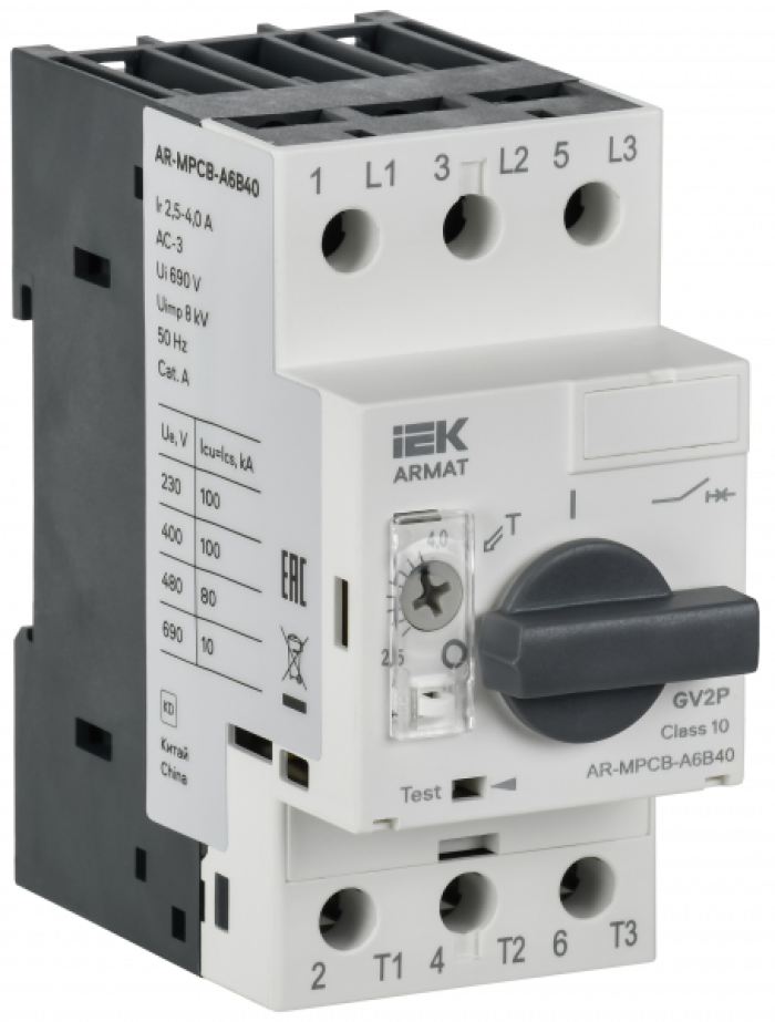 Автомат защиты двигателя IEK / ИЕК ARMAT A6 GV2P с термомагнитным расцепителем, трехполюсной, в пластиковом корпусе, серый, 2.5-4А, IP20 / электрика