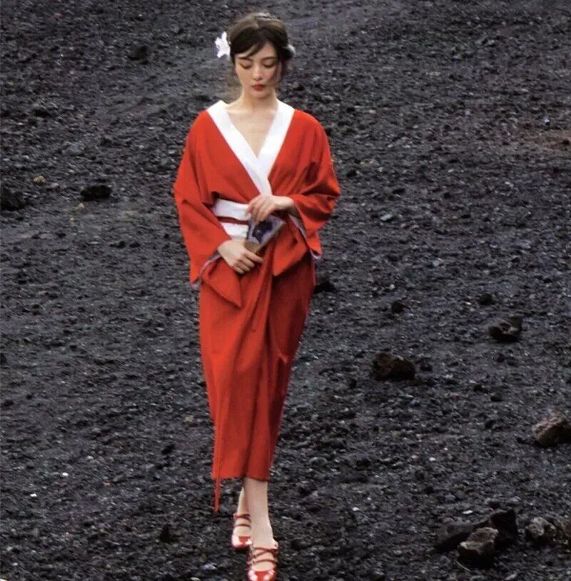 Женское традиционное японское кимоно Risbrdfly Красный, A1 white waistband