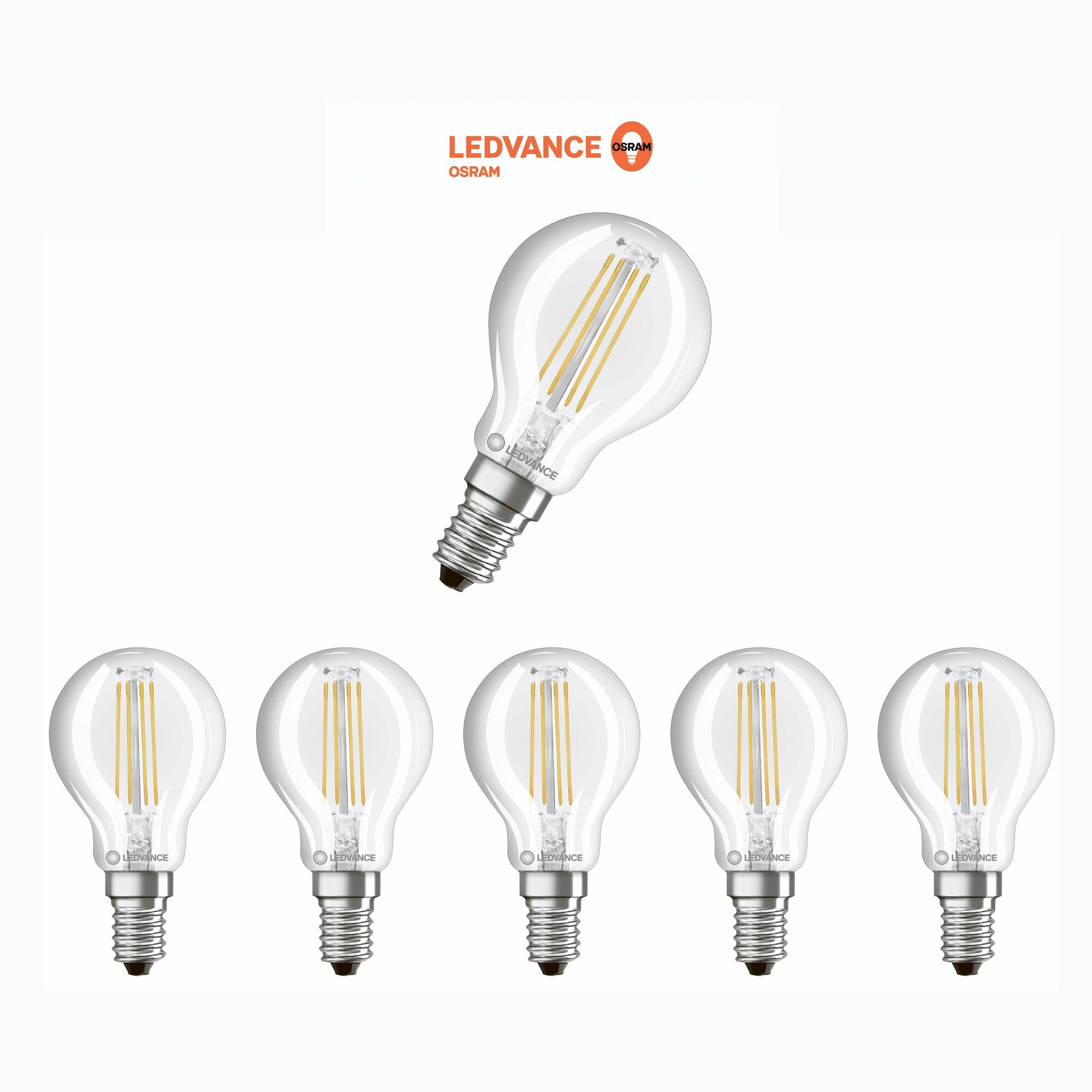 5шт/уп. Лампа LED Шар 4.8W 220-240V E14 470Лм 2700К Угол 300 град. D-45mm L-78mm Филаментная Диммируемая Свет Теплый белый LEDVANCE-OSRAM, уп. 5шт