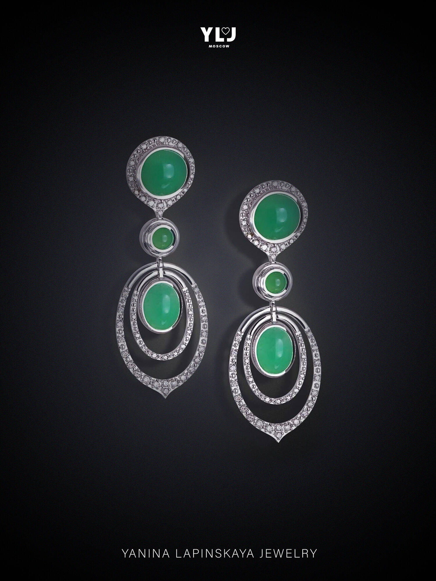 Серьги с подвесками, белое золото, 585 проба, родирование, бриллиант, хризопраз