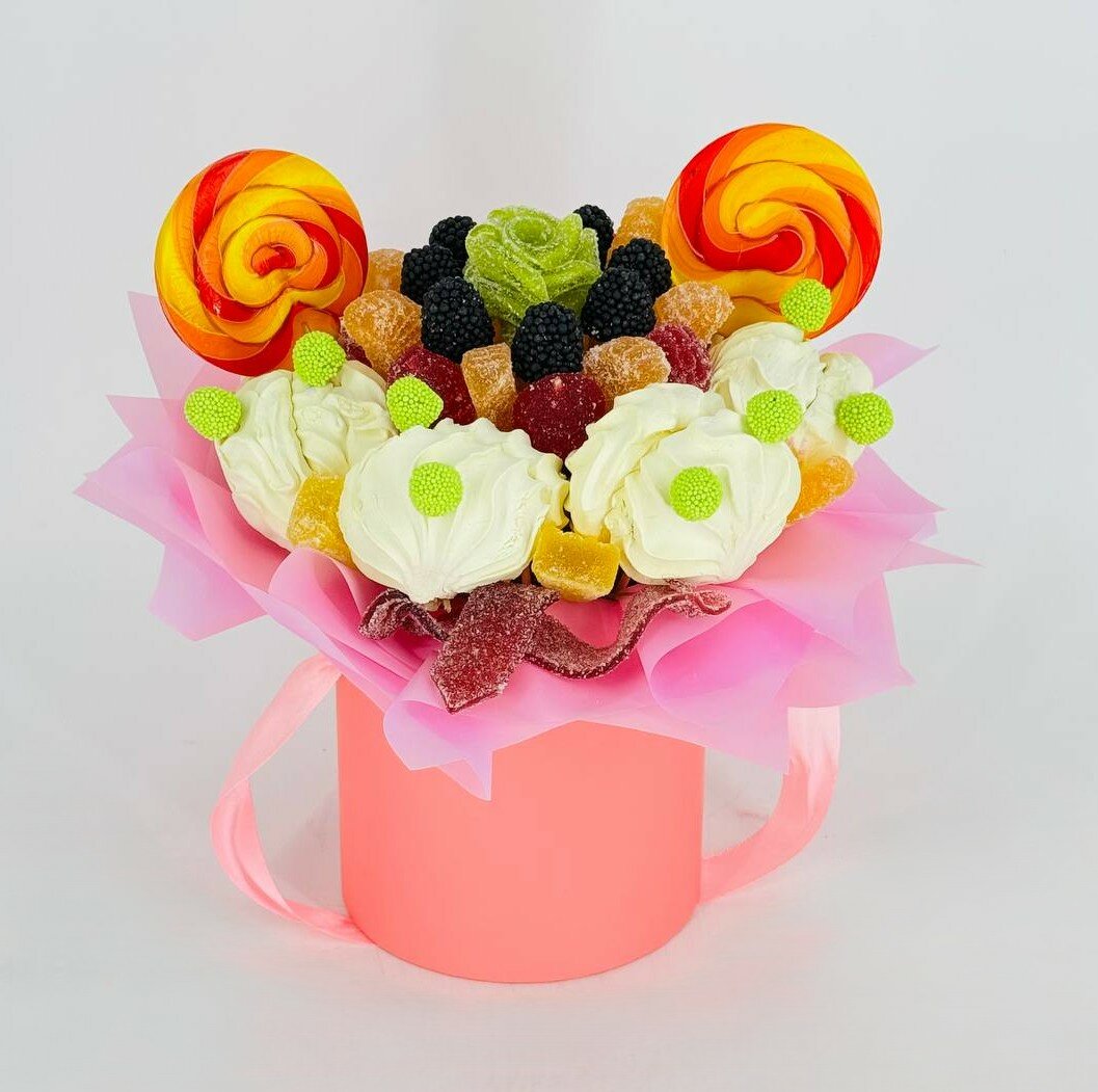 Сладкий букет из зефира и мармелада в шляпной коробке. Детский букет. Подарок на выпускной, 1 сентября