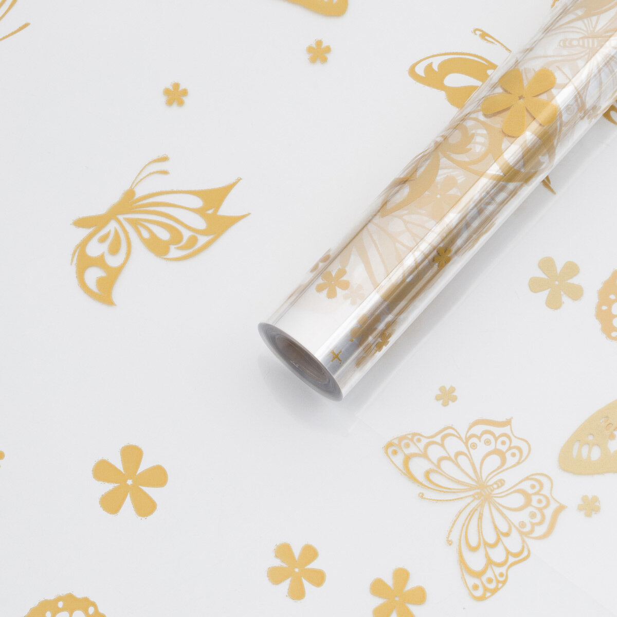 Упаковочная пленка для цветов и подарков Летящие Бабочки, золото, 70см*9,14м +/- 5%