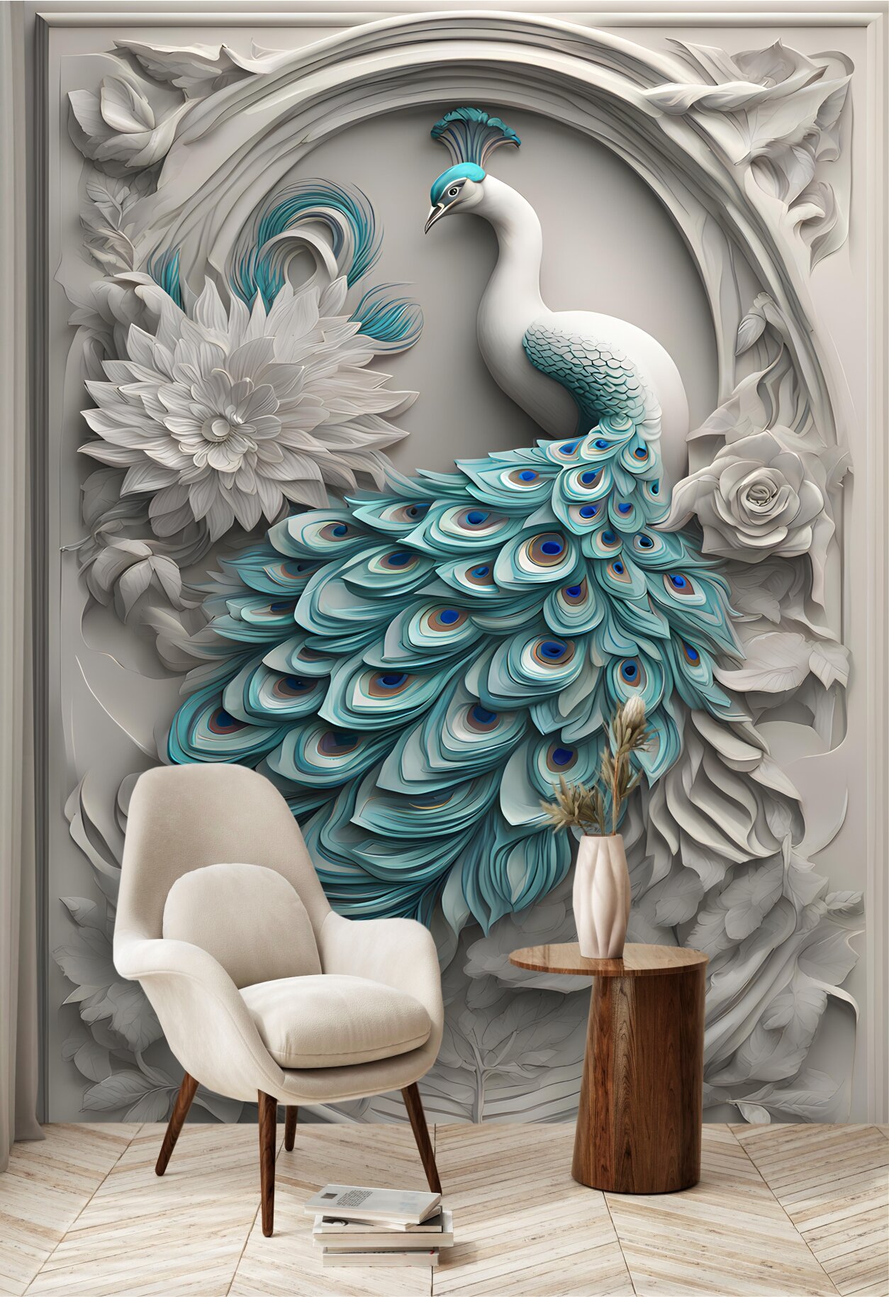 Флизелиновые фотообои на стену "Павлин барельеф" 200х270 см в спальню, гостиную, на кухню, в коридор водостойкие 3д, 3d