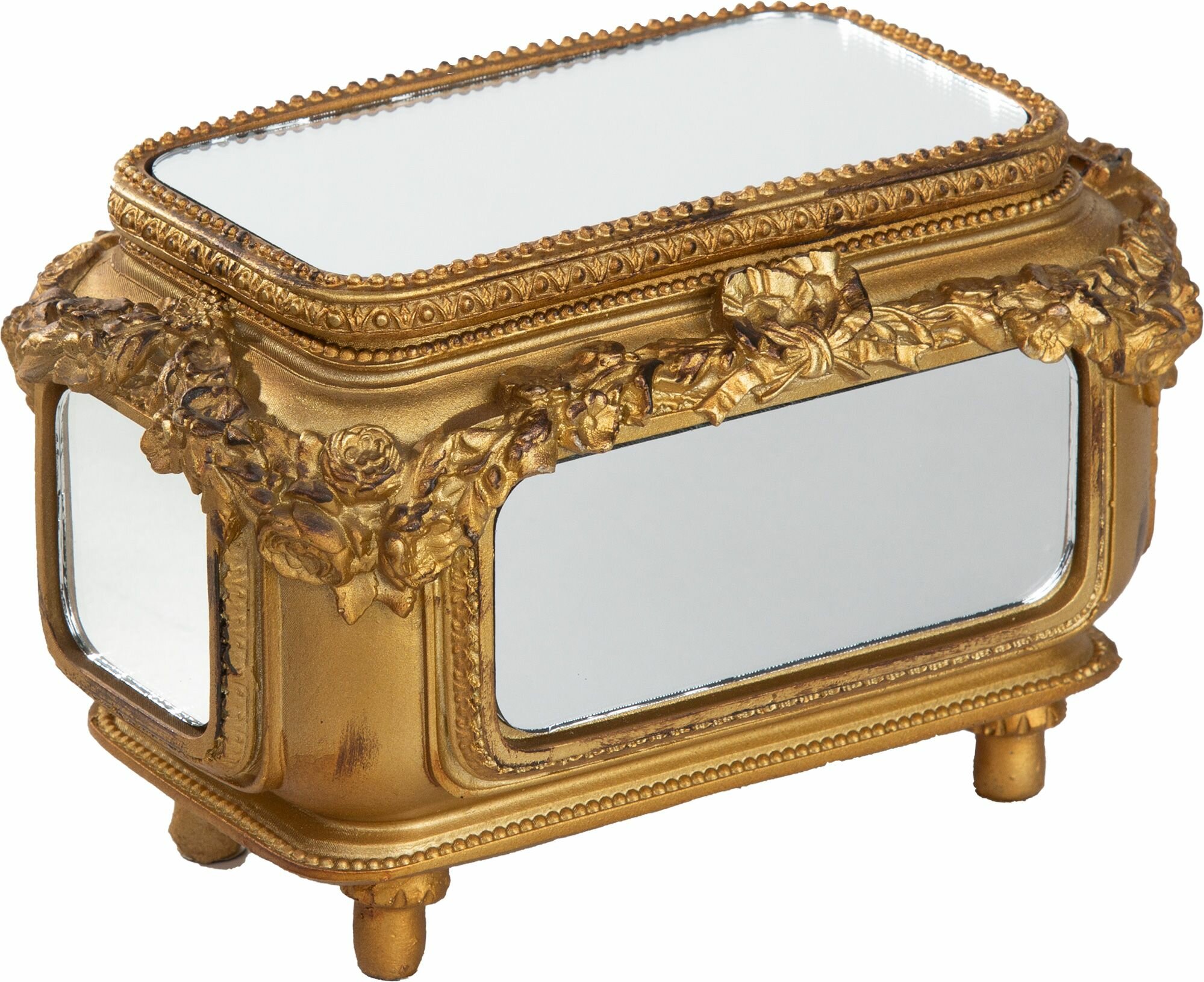 Шкатулка резная с зеркальными панелями под старину 17х11х11 см из полисмолы и стекла