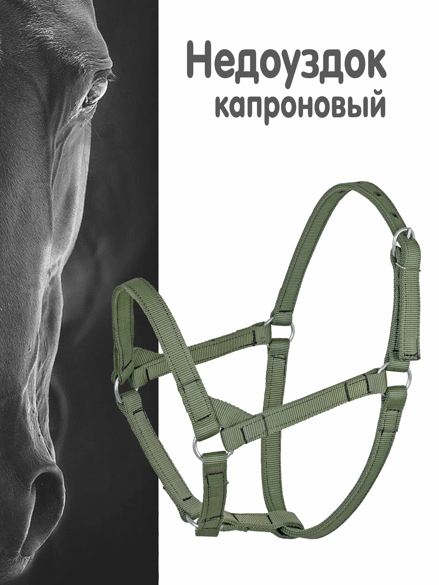 Недоуздок REITER, капроновый, тройной, без повода, 25мм, цвет хаки