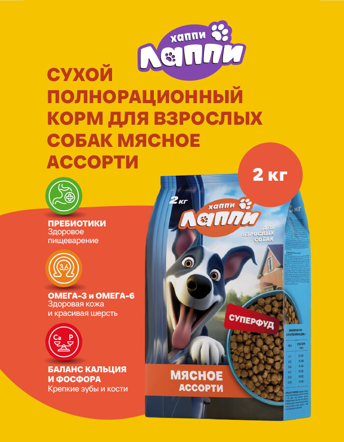 Сухой корм Хаппи Лаппи для взрослых собак мясное ассорти, 2 кг