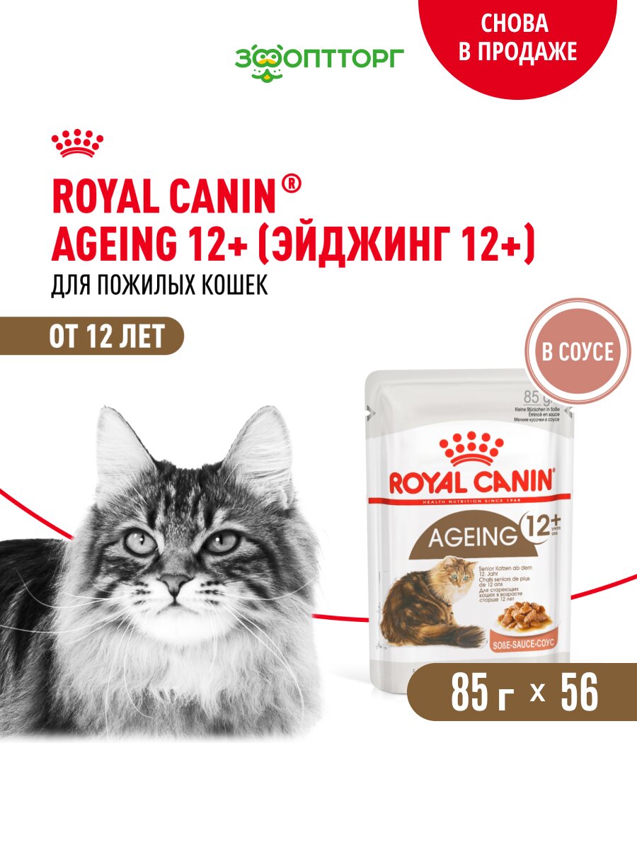 Влажный корм Royal Canin Ageing +12 пауч для кошек старше 12 лет (кусочки в соусе) Птица, 85 г х 56 шт.