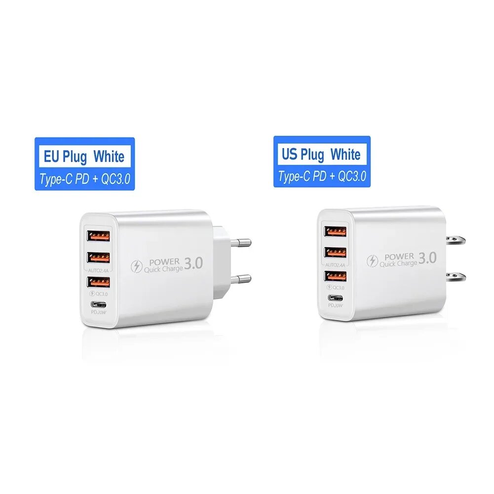 20 Вт PD 4 порта USB 5V4A зарядный адаптер питания зарядное устройство для мобильного телефона QC3.0 зарядка вилка европейского/американского стандарта дорожное зарядное устройство 110 В 220 В ЕС, белый