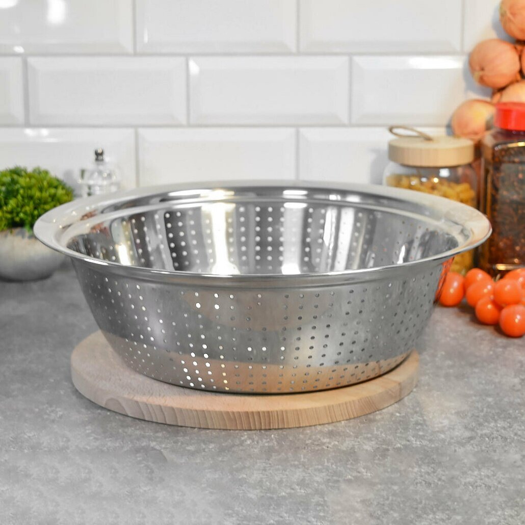 Дуршлаг металлический 38см, нержавеющая сталь, серебристый, удобный слив жидкости