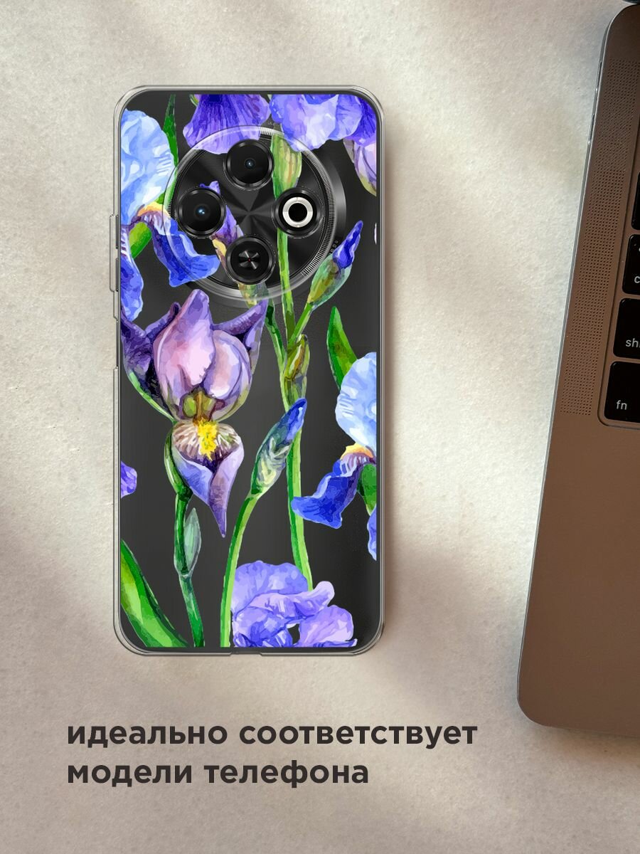 Чехол на Tecno Spark 30C / Текно Спарк 30C с принтом "Синие ирисы", прозрачный — фото 1