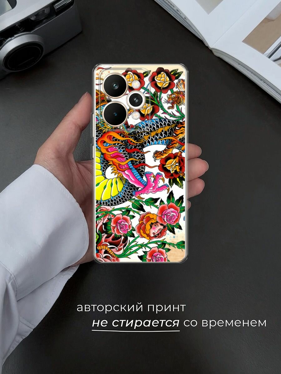 Чехол на Realme 15 Pro / Реалми 15 Про с принтом "Дракон в цветах" — фото 1