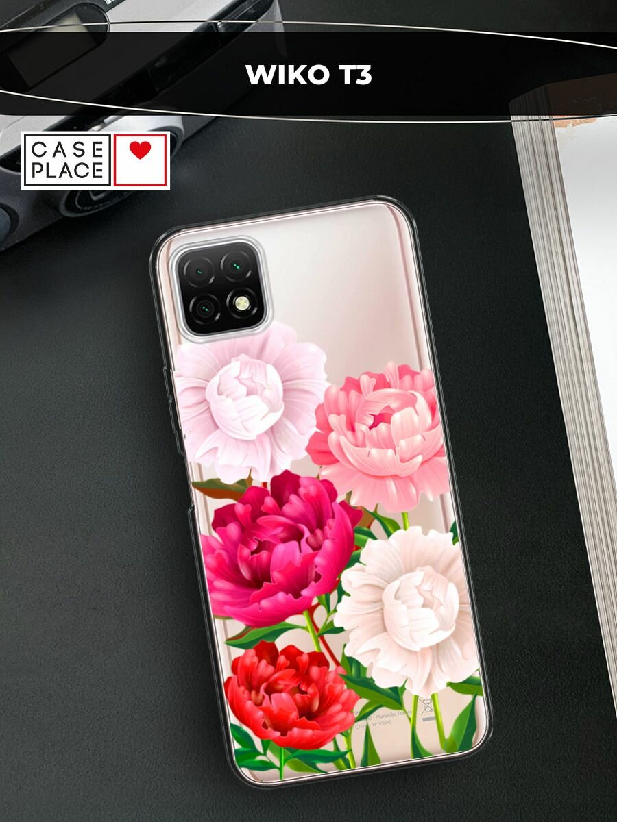 Чехол на Wiko T3 / Вико Т3 с принтом "Большие пионы", прозрачный