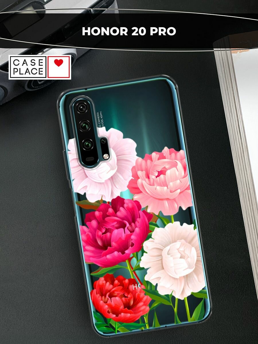 Чехол на Honor 20 Pro / Хонор 20 Про с принтом "Большие пионы", прозрачный