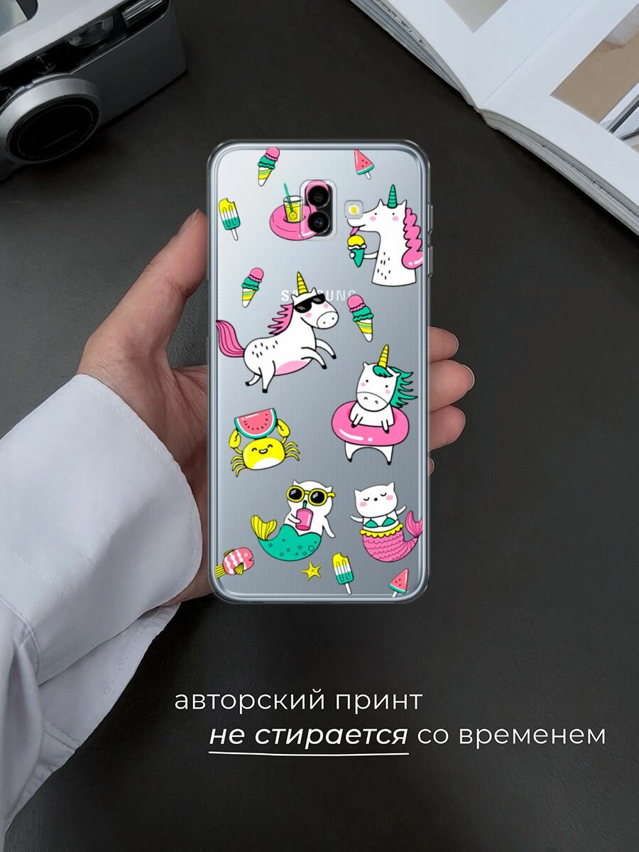 Чехол на Samsung Galaxy J6 + / Самсунг Галакси J6 Плюс 2018 с принтом "Единороги в отпуске", прозрачный — фото 1