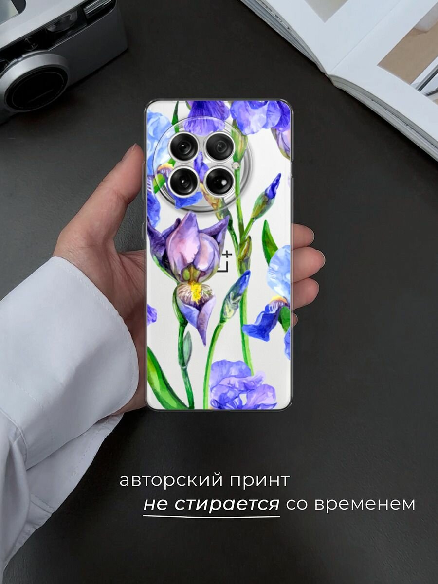 Чехол на OnePlus 13 / Ван Плас 13 с принтом "Синие ирисы", прозрачный — фото 1