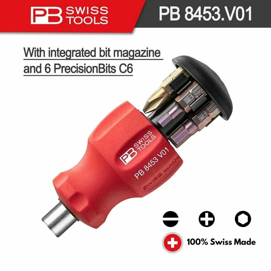 PB SWISS 8453. V01 Короткая отвертка с 6 в 1 со встроенным магазином для бит, длина 65 мм