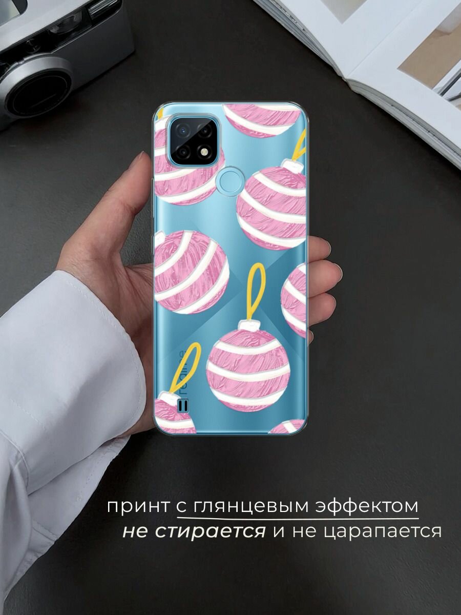 Чехол на Realme C21 / Реалми С21 с принтом "Розовые новогодние шарики 3" — фото 1
