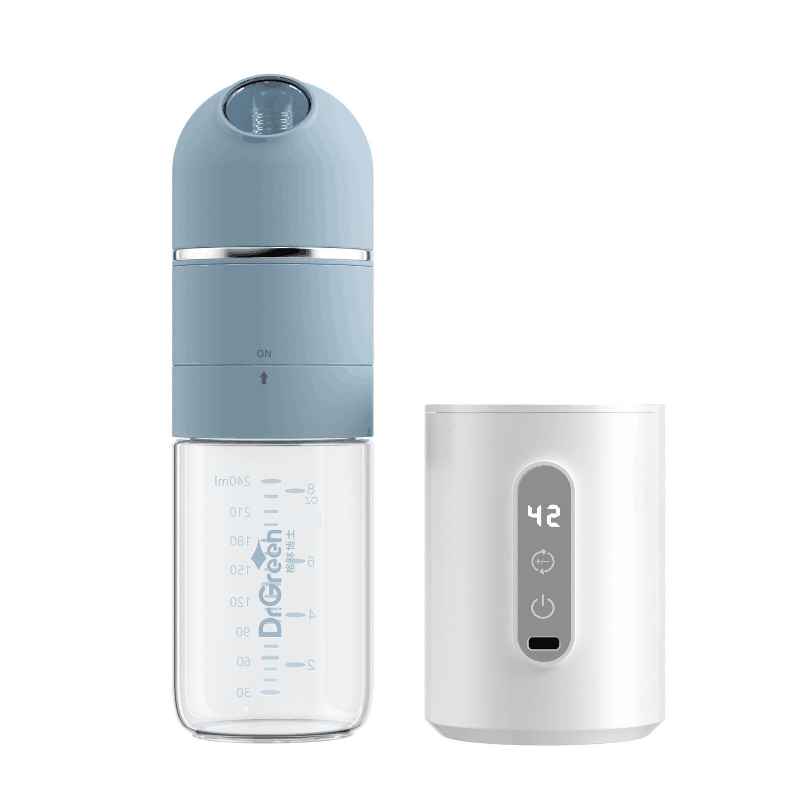 Подогреватель для детских бутылок портативный с термостатом регулируемой температурой 39℃-48℃ с LED дисплеем USB питанием, бутылка из стекла 240ml и дозировщик молочного порошка, цвет Розовый/Синий, объем 150ml/240ml, материал ABS и стекло