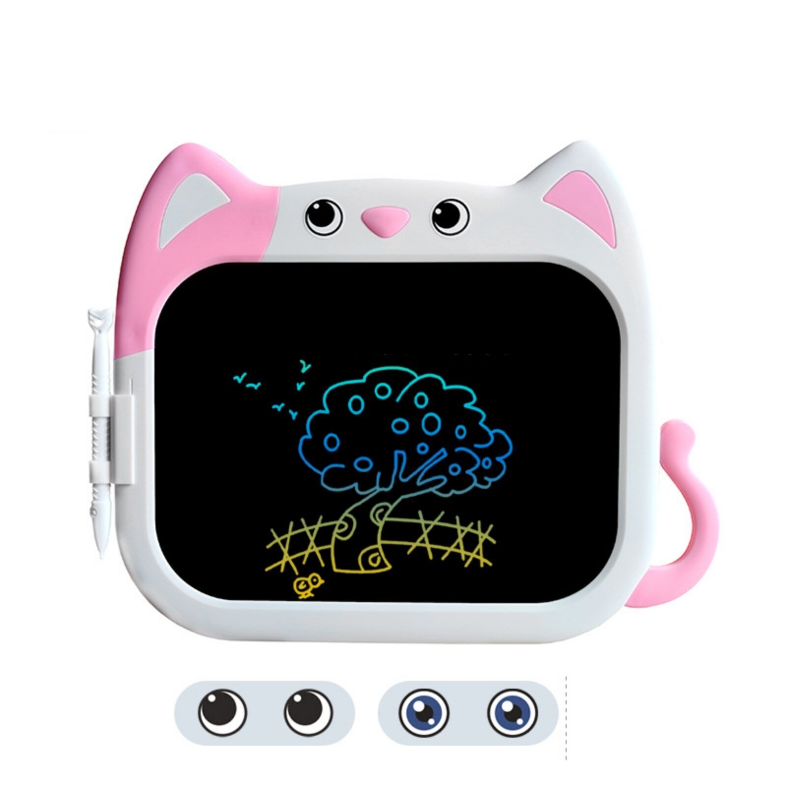 Детская доска для граффити и рукописного рисования 10-дюймовая с изображением кота, черная, с жидкокристаллическим дисплеем, размеры 27*22*0.5 см, упаковка 30*24*1.35 см, материал ABS, цвета синий розовый оранжевый, батарейка CR2025