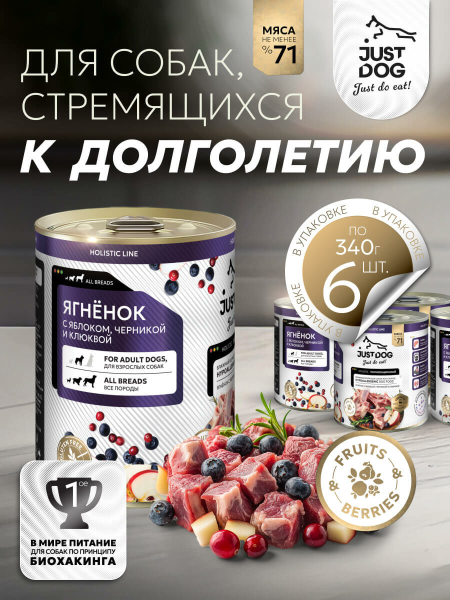 Влажный корм Just Dog "Holistic", с ягненком, черникой и клюквой, 340 г, 6шт