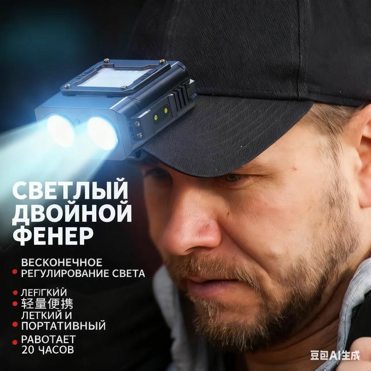 Фонарик представляет собой перезаряжаемую светодиодную фару. Тактический фонарь имеет 4 режима работы: кемпинг, пеший туризм, рыбалка и охота. Свет падал на голову.