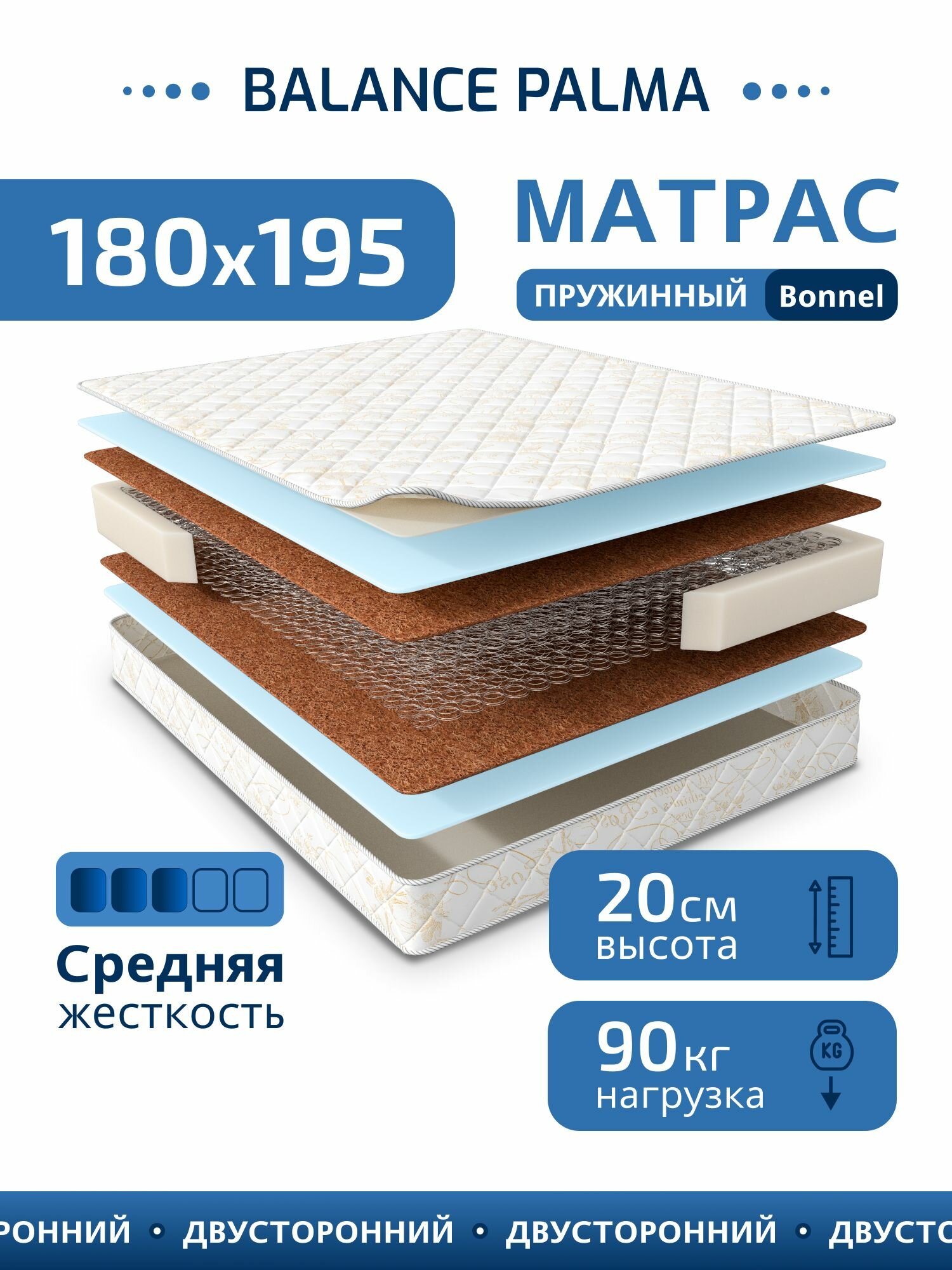 Матрас ортопедический пружинный 180x195 см BALANCE PALMA, Зависимые пружины, высота 20 см, 1 шт, белый